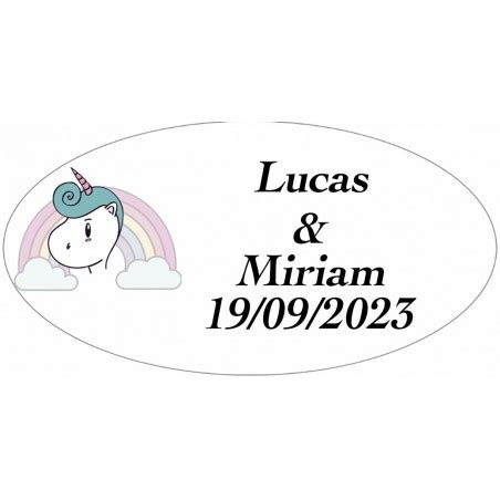 Sticker Licorne Arc En Ciel Ovale Personnalisé Pour Mariages