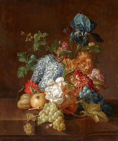 Stillleben mit Blumen und Früchten auf einer Steinplatte Lot 220