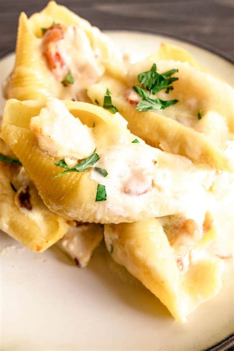 Chicken Bacon Alfredo Stuffed Shells The Thirsty Feast By Honey And Birch