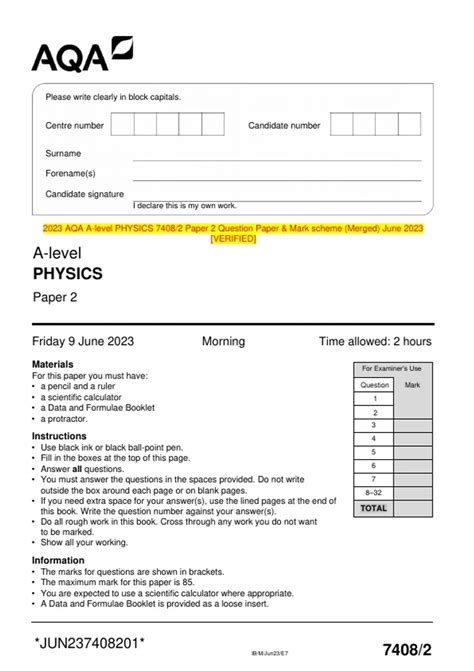 2023 aqa a level physics 7408 2 paper 2 question paper and mark scheme merged june 2023