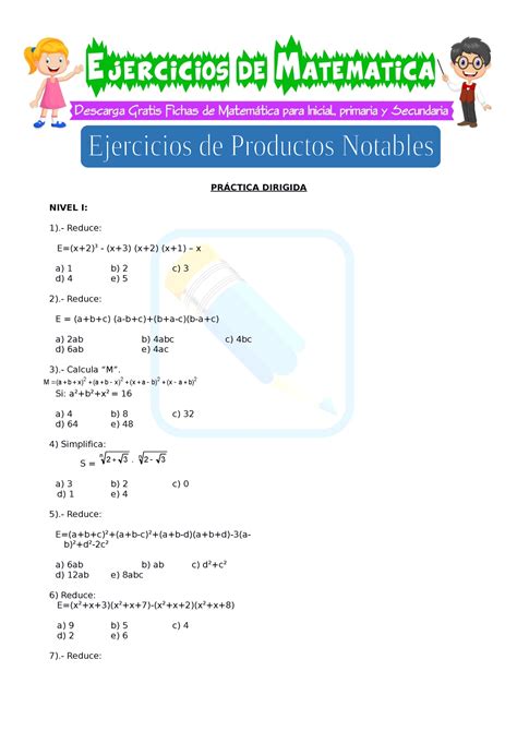 Ejercicios de Productos Notables para Cuarto de Secundaria PRÁCTICA