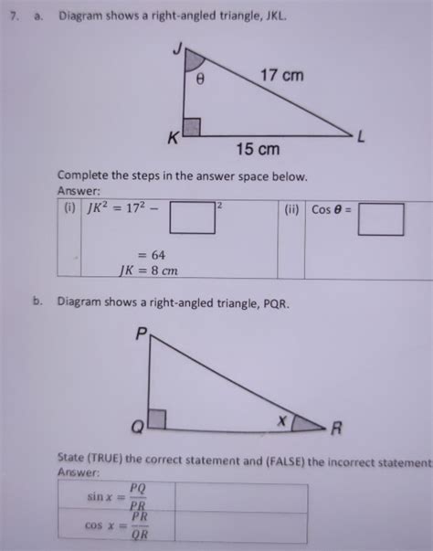 Solved 7 A Diagram Shows A Right Angled Triangle JKL Complete The