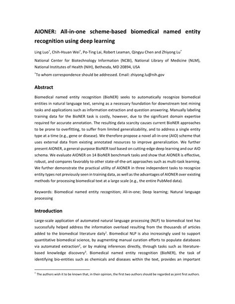 pdf aioner all in one scheme based biomedical named entity recognition using deep learning
