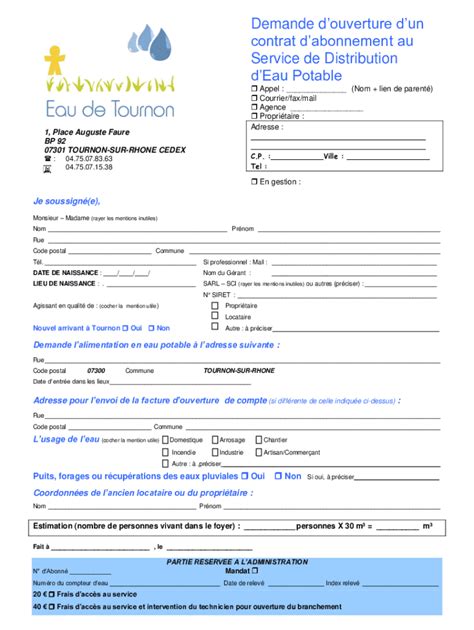 Remplissable En Ligne CONTRAT D ABONNEMENT Aux Services De L Eau Et L