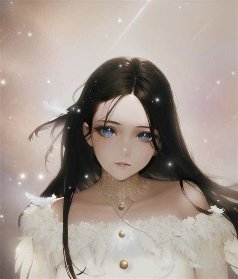 Anime Drawed Painted Black Hair Blue Eyes Creative Beautiful