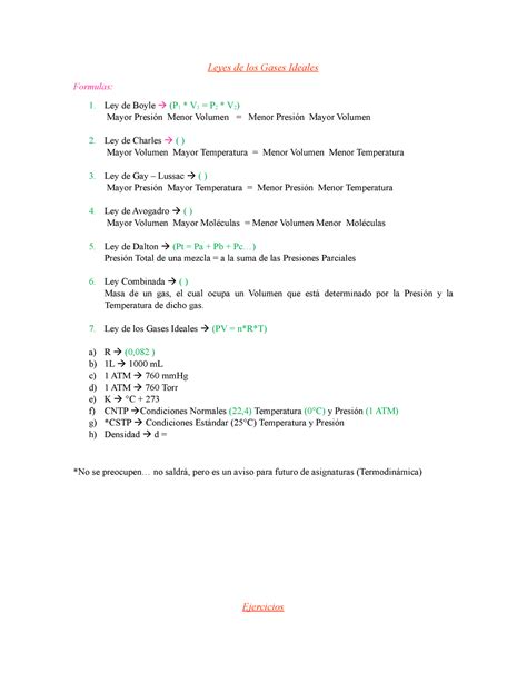 Leyes De Los Gases Ideales Leyes De Los Gases Ideales Formulas Ley