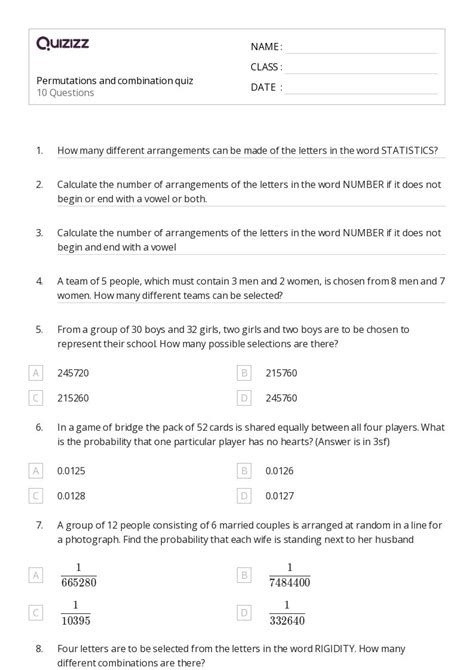 Permutations Worksheets For Year On Quizizz Free Printable