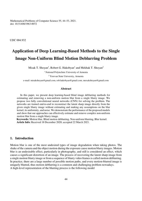 pdf application of deep learning based methods to the single image non uniform blind motion