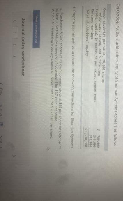 Solved On October 10 The Stockholders Equity Of Sherman Chegg