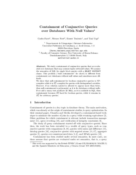 pdf containment of conjunctive queries over databases with null values toni urpí