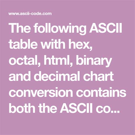 the following ascii table with hex octal html binary and decimal chart conversion contains