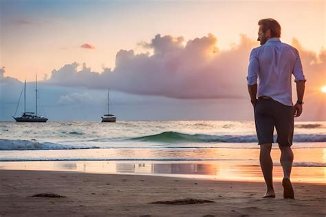 Un hombre está parado en una playa mirando el océano Foto Premium
