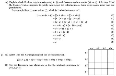 solved explain which boolean algebra axioms j and boolean algebra results k to t of