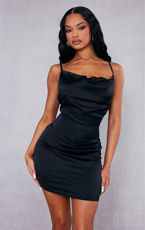 Black Lace Trim Satin Strappy Bodycon Dress Prettylittlething Ire