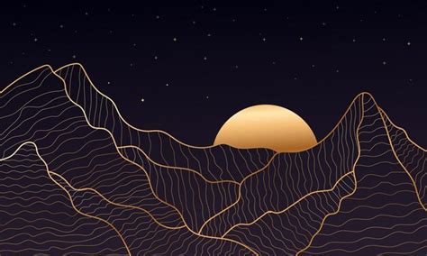 Arte de línea abstracta dorada de paisajes de montaña Vector Premium