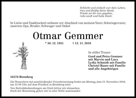Traueranzeigen Von Otmar Gemmer Rz Trauer De