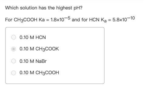 Solved Which Solution Has The Highest PH For Chegg