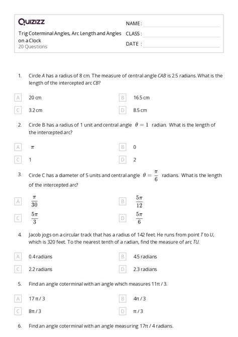 Radians And Arc Length Worksheets On Quizizz Free Printable