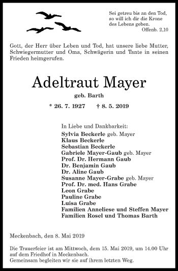 Traueranzeigen Von Adeltraud Mayer Rz Trauer De