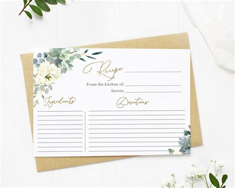 Recipe Card Recipe Card Printable Bridal Shower Succulents Etsy