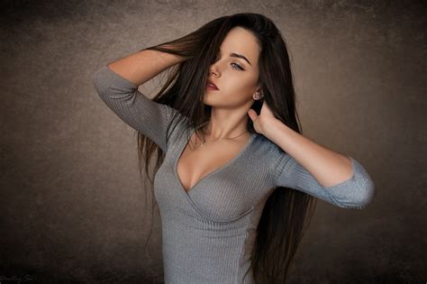 Wallpaper Women Simple Background Long Hair Black Hair Hands On