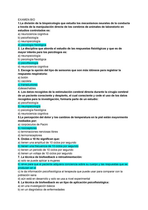 Examen BIO III Bases Biológicas de la Conducta III Deusto Studocu