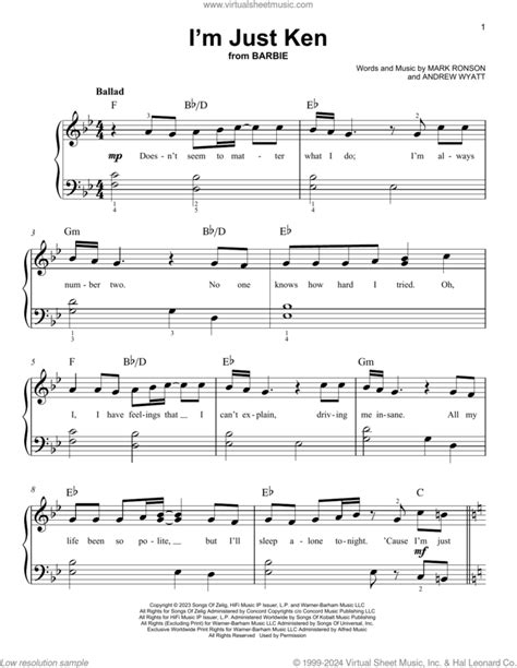 Im Just Ken From Barbie Full Version Sheet Music Easy For Piano Solo
