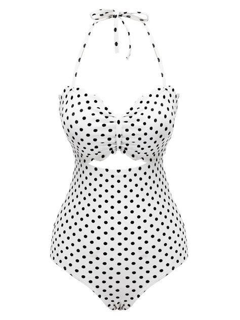 White 1940s Polka Dot Lace Up Halter Swimsuit Retro Stage