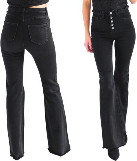 Czarne Damskie Spodnie Dzwony Jeans Push Up Wysoki Stan Szeroka Nogawka