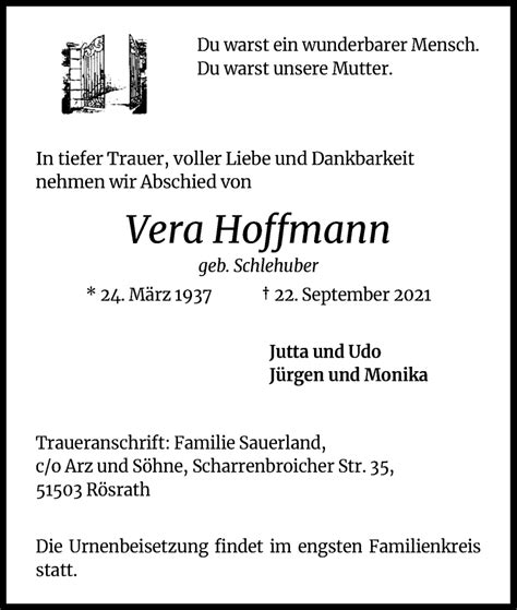 Traueranzeigen Von Vera Hoffmann WirTrauern