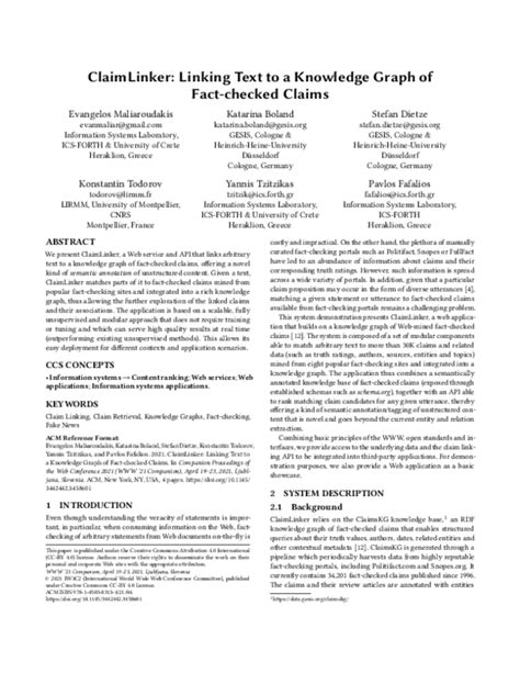 pdf claimlinker linking text to a knowledge graph of fact checked claims yannis tzitzikas