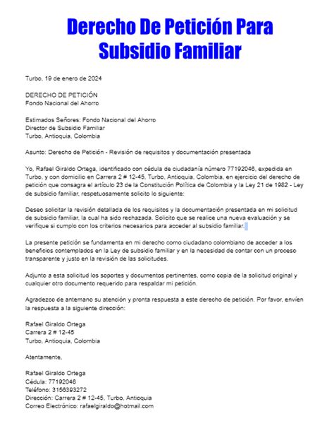 Derecho De Peticion Para Subsidio Familiar TramitaloYa Co