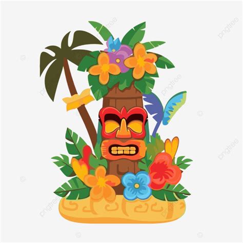 Luau Clipart Tiki On A Beach And Some Tropical Flowers Cartoon Vector