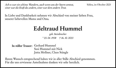 Traueranzeigen von Edeltraud Hummel Südwest Presse Trauer