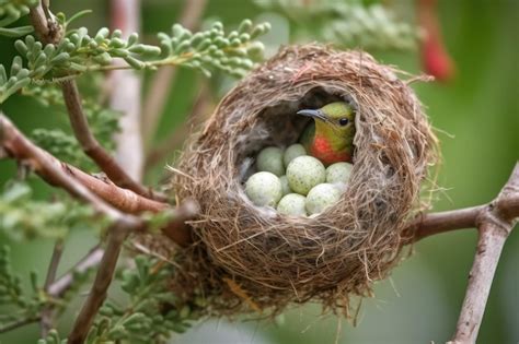 Nido de colibrí con huevos y madre colibrí cerca creado con IA