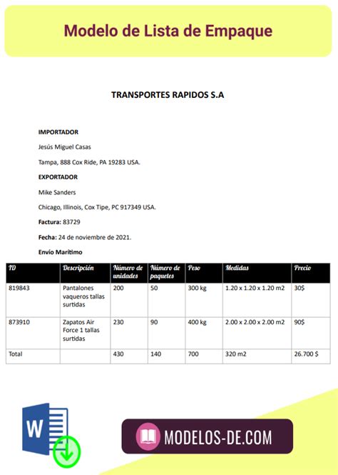 Modelo De Lista De Empaque En Word Y Excel Gratis