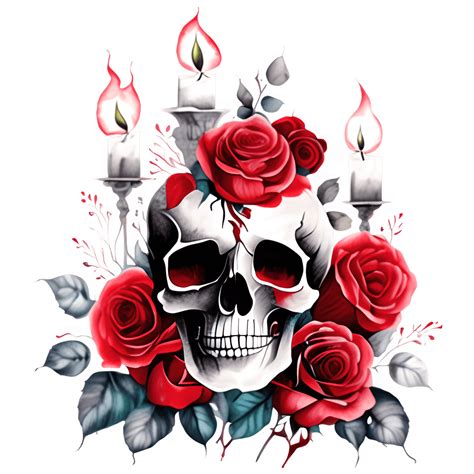 Gothic Skull Watercolour With Red Roses And Candles Creative Fabrica