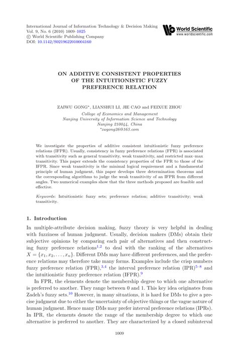 pdf on additive consistent properties of the intuitionistic fuzzy preference relation