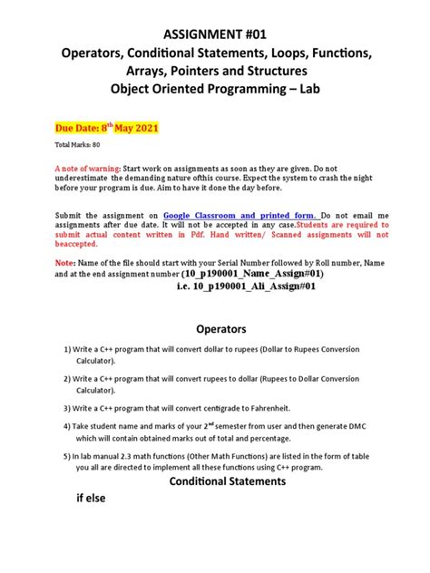 assignment 01 operators conditional statements loops functions arrays pointers and