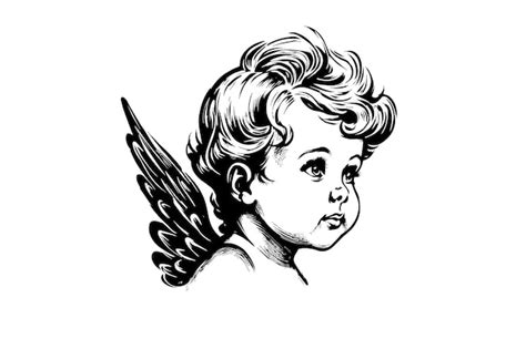 Angelito vector estilo retro grabado ilustración en blanco y negro