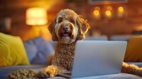 Cão labradoodle usando laptop para pedir comida on line como a