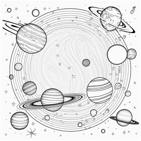 Um desenho em preto e branco de planetas e estrelas em um círculo