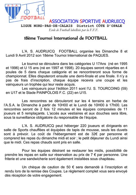 Actualité invitations aux tournois club Football U S MARQUISE Footeo
