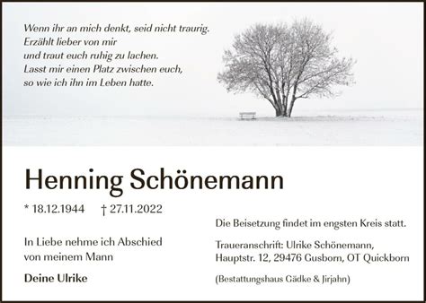 Das Trauerportal für Lüchow Dannenberg Todesanzeigen Henning Schönemann