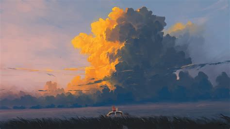 Digital Painting Car Moon Night Clouds Sky Bisbiswas Landscape