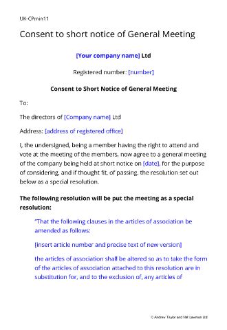 Documents For Consent To Hold An Egm At Short Notice
