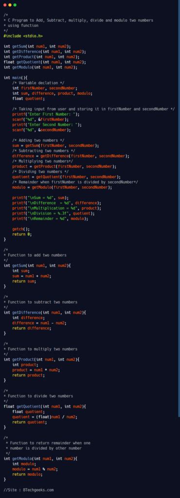 c program for addition subtraction multiplication division and modulus of two numbers btech
