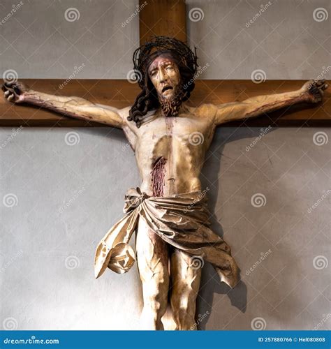 Jesus Crucified Blood From Crown Of Thorns Long Suffering Face And