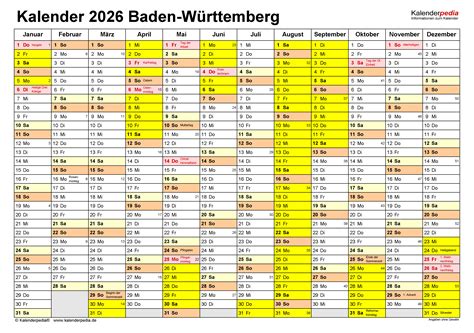 Kalender 2026 Baden Württemberg Ferien Feiertage PDF Vorlagen