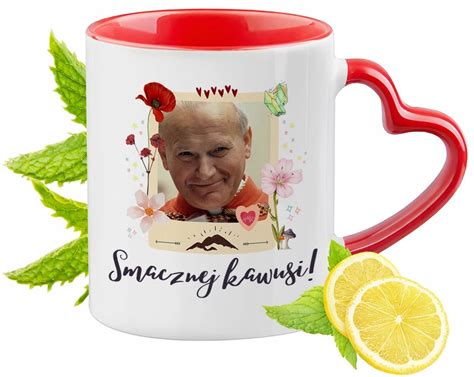 Jan Paweł Kubek Czerwony z Uszkiem w Kształcie Serca na Prezent